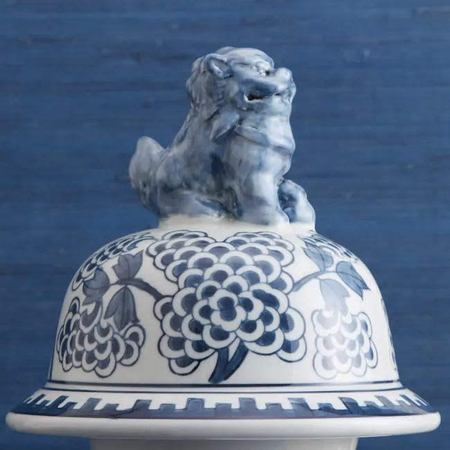 Tozai Blue and White Peony Flower Covered Temple Jar with Lion Accents ...