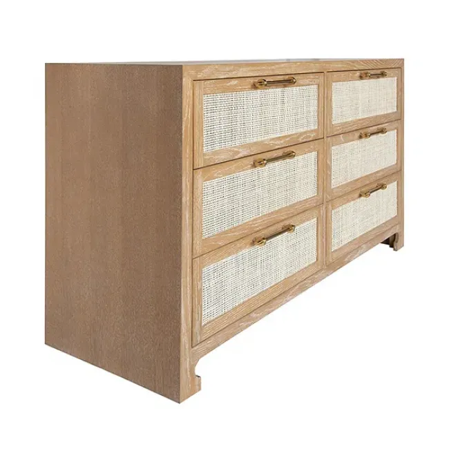 Worlds Away Six Drawer Cane Front Chest With Brass Hardware In Cerused ...