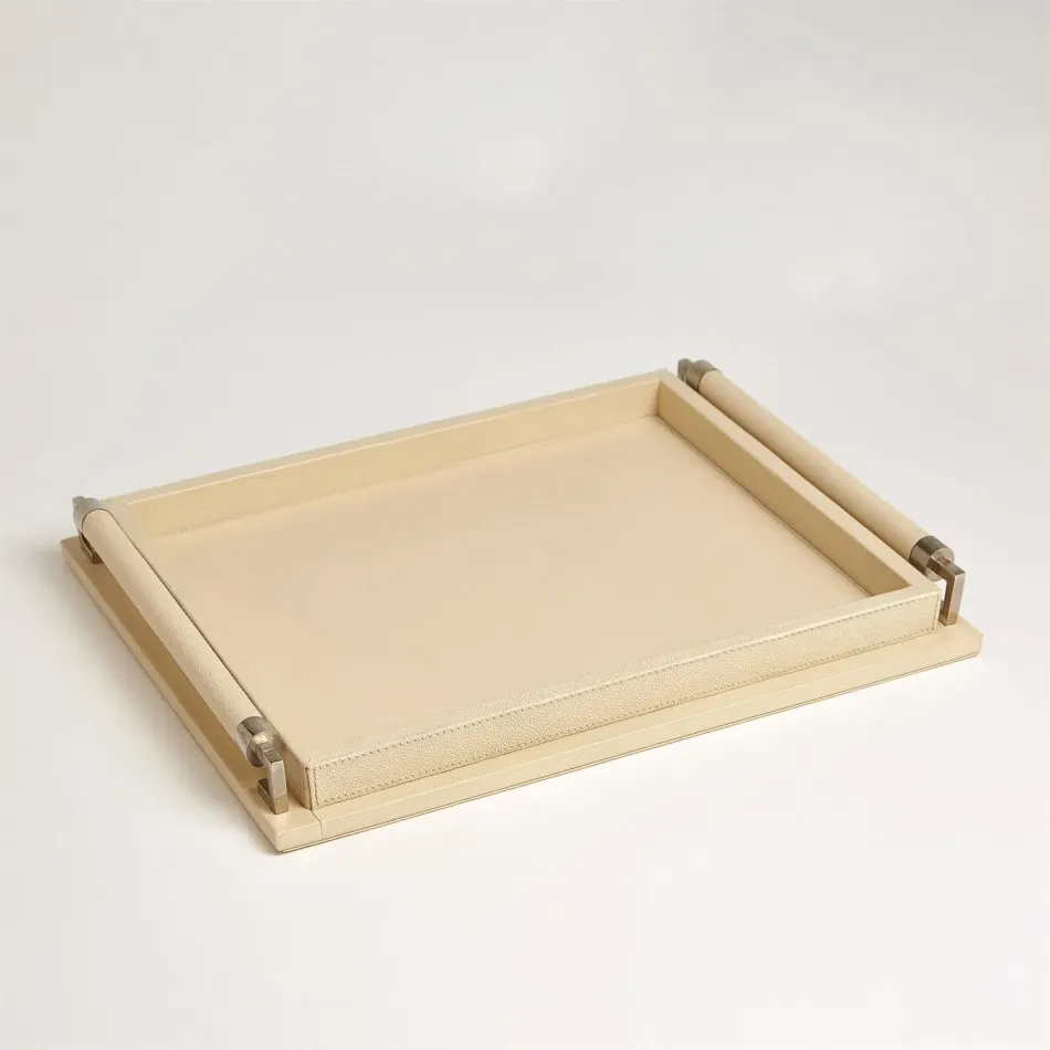 Global Views Wrapped Handle Tray Ivory Leather Large | Gracious Style