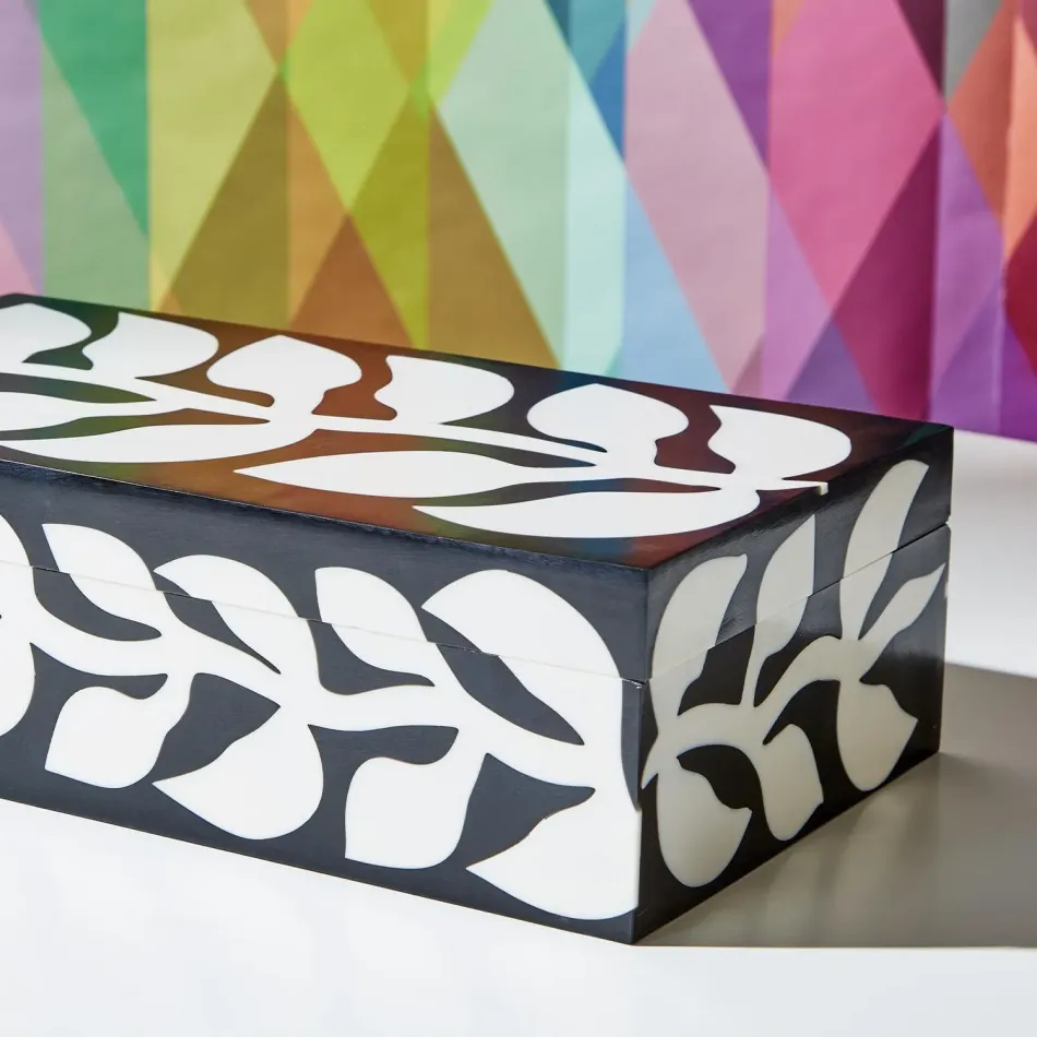 Tozai Leaf Patterned Black and White Covered Box | Gracious Style