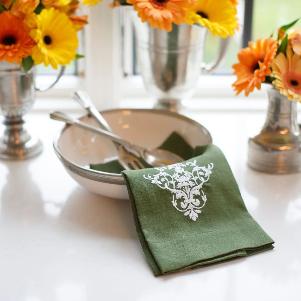 Crown Linen Designs Victorian Hand Towel Evergreen (White) | Gracious Style