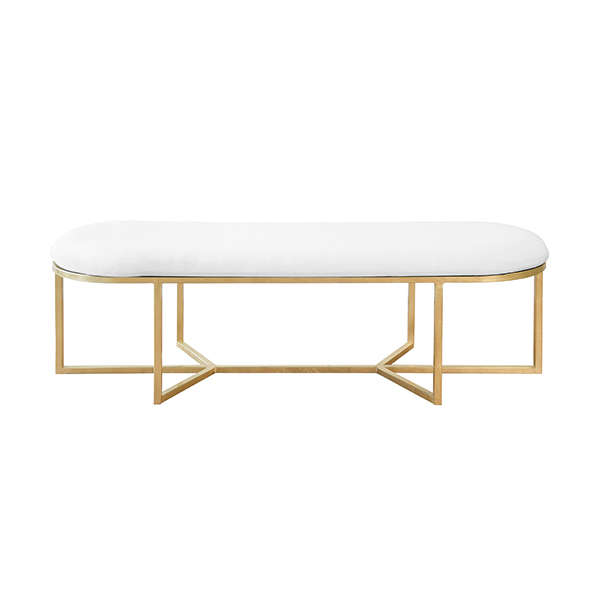 Worlds Away Oval Bench With White Linen Cushion And Iron Base In Gold ...